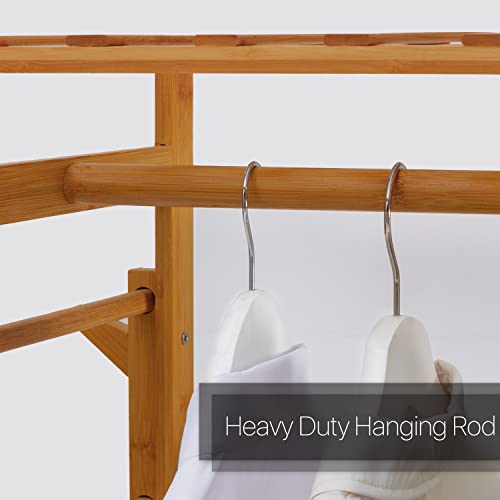 MoNiBloom Bamboo Clothes Rack, Freestanding Closet Organizer with 2 Drawers and a Hanging Rob, Extra 5 Clothing Storage Shelving for Bedroom Living Room, Brown