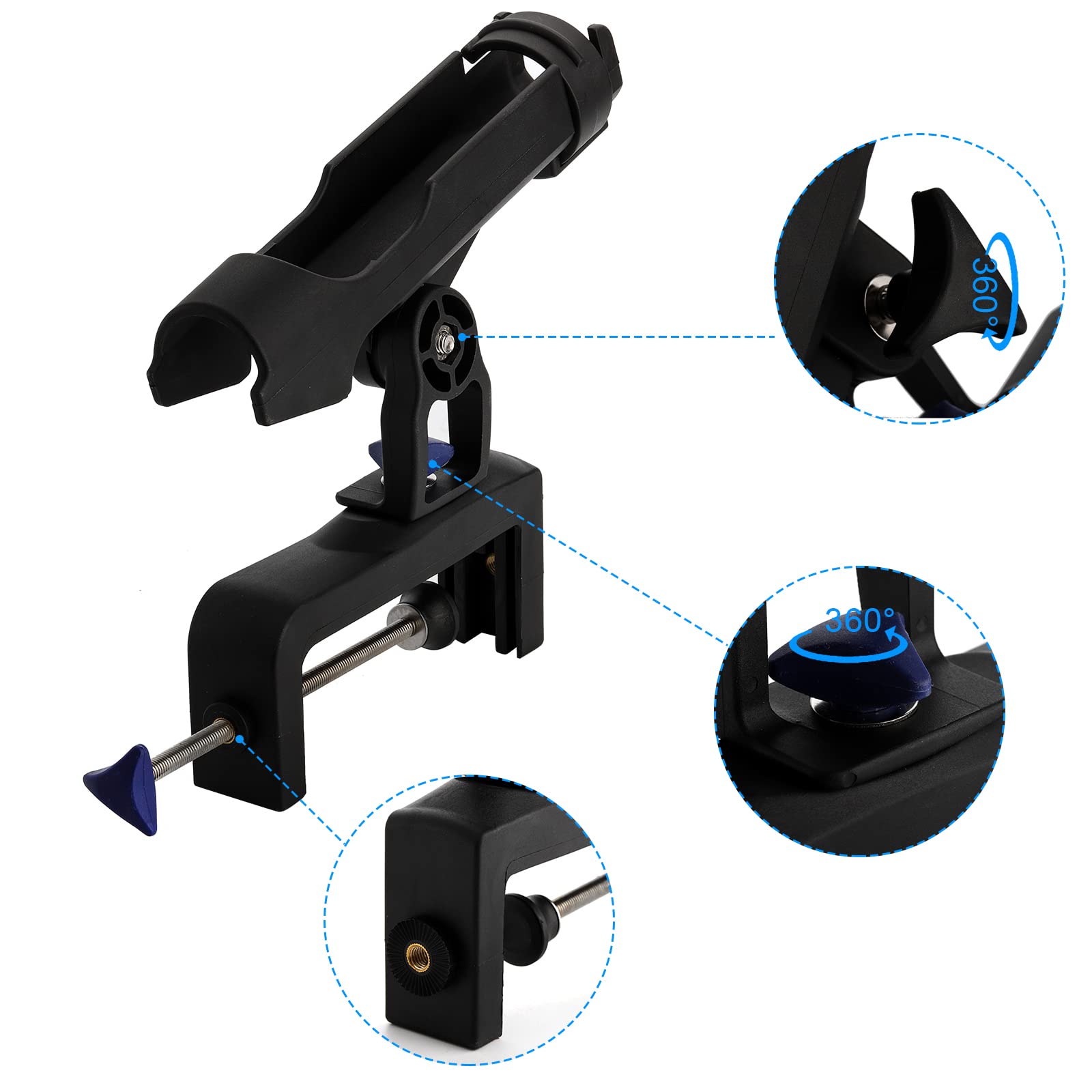 ZENFUN 2 Pack Fishing Boat Rods Holder, 360 Degree Rotation Adjustable Power Lock Fishing Rods Racks, Large Clamp Opening Folding Rod Holder for Canoe, Kayaks, Easy Installation, Bonus Screws