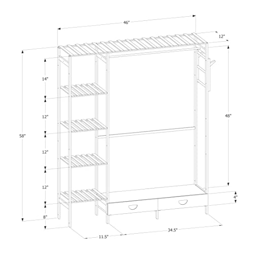MoNiBloom Bamboo Clothes Rack, Freestanding Closet Organizer with 2 Drawers and a Hanging Rob, Extra 5 Clothing Storage Shelving for Bedroom Living Room, Brown
