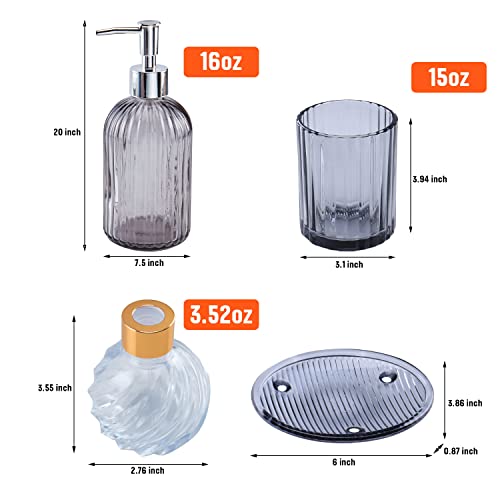 TocTen 5 Pieces Bathroom Accessories Set, Include Lotion Soap Dispenser+ 2 Toothbrush Cup+ Soap Dish+ Essential Oils Diffuser Bottles, Premium Glass Bathroom Vanity Countertop Accessory Set(GREY 16oz)