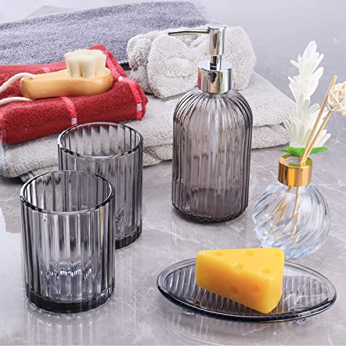 TocTen 5 Pieces Bathroom Accessories Set, Include Lotion Soap Dispenser+ 2 Toothbrush Cup+ Soap Dish+ Essential Oils Diffuser Bottles, Premium Glass Bathroom Vanity Countertop Accessory Set(GREY 16oz)