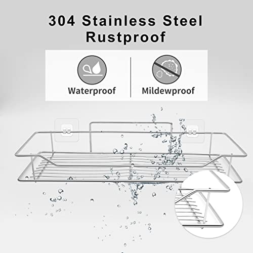 Go Green Tableware GOGN Shower Caddy Shelf with 4 Hooks,Adhesive Shower Organizer for Bathroom Storage,304 Stainless Steel,No Drilling and Wall Mounted,2 Pack (Silver)