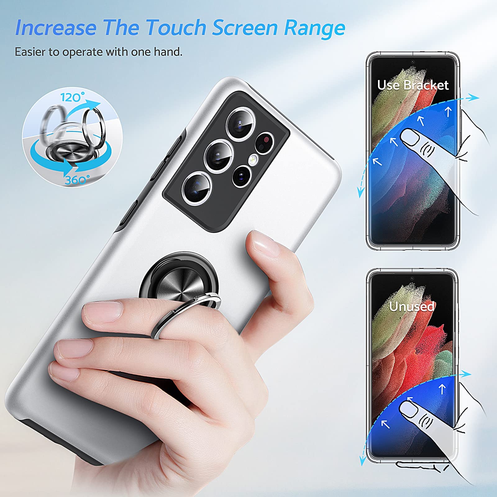 Anqrp Shockproof for Galaxy S21 Ultra Case 5G, [Heat Dissipation] [No Fall-Off Kickstand] 360°Metal Ring Military Grade Protection Phone Case with Samsung Galaxy S21 Ultra 6.8 Inch, Silver