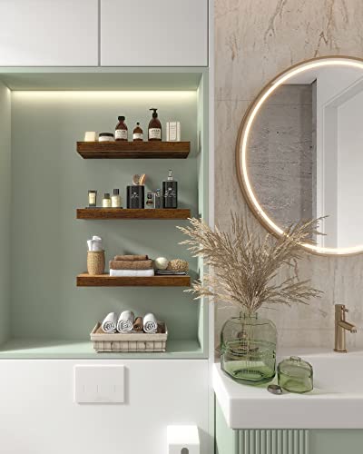 Hzuaneri 15" Floating Shelves - Set of 4 Bathroom Shelf, Retro Wall Shelf, Wall Mounted Hanging Shelf with Invisible Brackets, for Living Room Decor, Bathroom, Bedroom, Kitchen, Rustic Brown