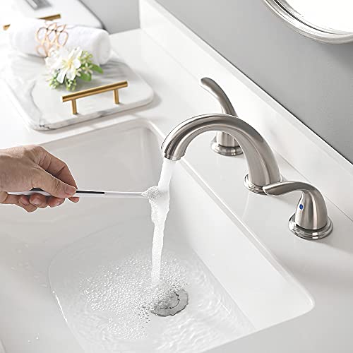 2 Handles 3 Holes Deck Mount Brushed Nickel Widespread Bathroom Faucet by phiestina,with Stainless Steel Pop Up Drain, WF008-5-BN
