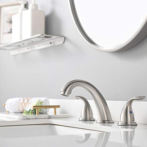 2 Handles 3 Holes Deck Mount Brushed Nickel Widespread Bathroom Faucet by phiestina,with Stainless Steel Pop Up Drain, WF008-5-BN
