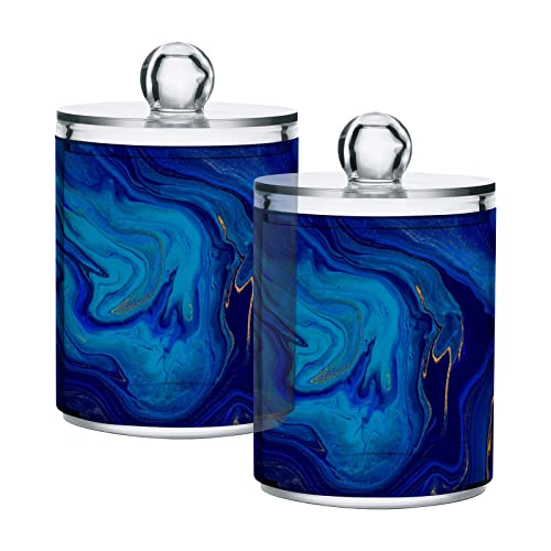ALAZA 2 Pack Qtip Holder Dispenser Navy Blue Marble Bathroom Organizer Canisters for Cotton Balls/Swabs/Pads/Floss,Plastic Apothecary Jars for Vanity