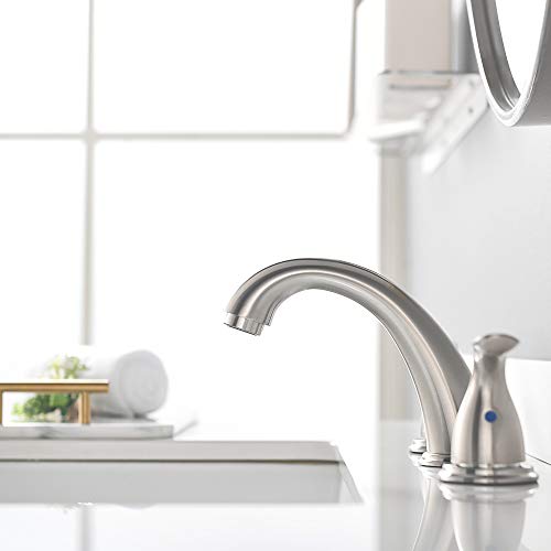 2 Handles 3 Holes Deck Mount Brushed Nickel Widespread Bathroom Faucet by phiestina,with Stainless Steel Pop Up Drain, WF008-5-BN