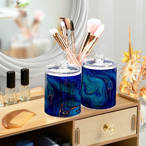 ALAZA 2 Pack Qtip Holder Dispenser Navy Blue Marble Bathroom Organizer Canisters for Cotton Balls/Swabs/Pads/Floss,Plastic Apothecary Jars for Vanity