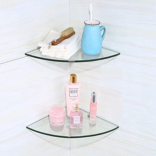 Bathroom Shelves Glass Corner Shelf 2Pcs, glrovazas Quarter Round Glass Shower Shelf Tempered Glass Shampoo Basket Holder with Screws, Bathroom Storage Rack Wall Mounted (7.8 x 7.8inch (20cm))