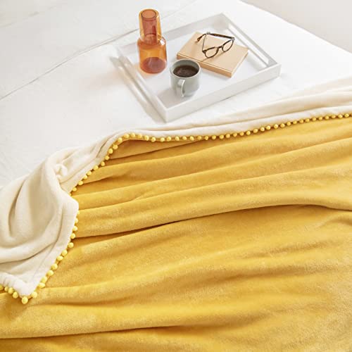 MONDAY MOOSE Cozy Fleece Throw Blanket with Pom Pom Fringe, Super Soft Lightweight Microfiber Flannel Blanket, Double-Sided Designs, for Couch Bed Sofa Home Decor (50x60 inch, Yellow/Beige)