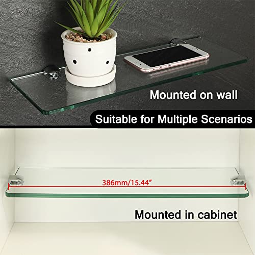 SAYAYO Floating Glass Shelves for Bathroom, 15 x 5 Inch Chrome Tempered Glass Shelf for Wall 2 Pack, Clear