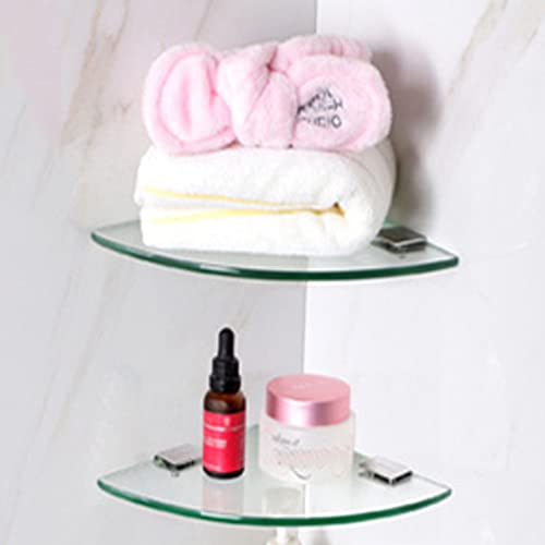 Bathroom Shelves Glass Corner Shelf 2Pcs, glrovazas Quarter Round Glass Shower Shelf Tempered Glass Shampoo Basket Holder with Screws, Bathroom Storage Rack Wall Mounted (7.8 x 7.8inch (20cm))