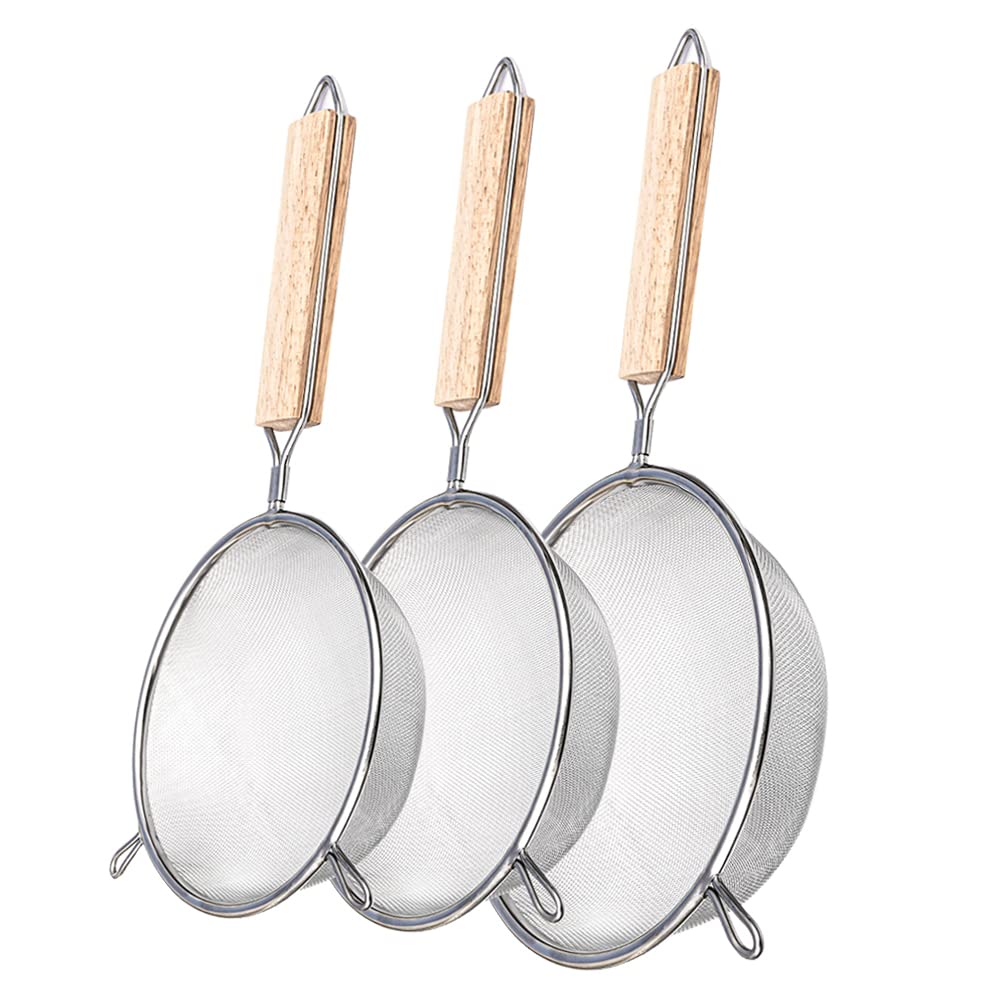 Weymier Fine Mesh Strainers For Kitchen, Stainless Steel Mesh Strainers With Wood Handles,Set of 3 Sizes: 4.9",6.3"and 7.9"