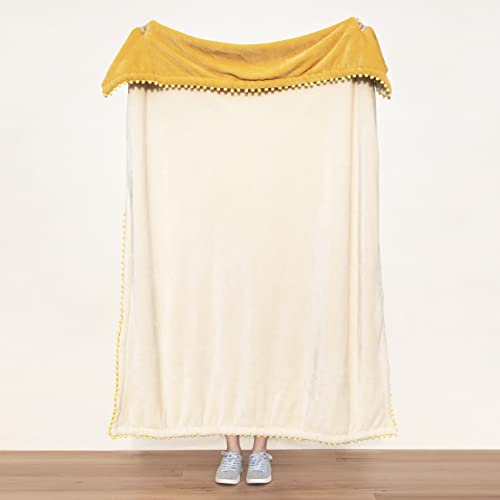 MONDAY MOOSE Cozy Fleece Throw Blanket with Pom Pom Fringe, Super Soft Lightweight Microfiber Flannel Blanket, Double-Sided Designs, for Couch Bed Sofa Home Decor (50x60 inch, Yellow/Beige)