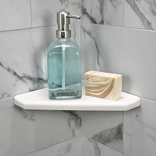 Questech Décor 8 Inch Corner Shower Shelf and 5 Inch Shower Caddy Soap Dish, Geo Lugged Back for New Construction, Wall Mounted Bathroom Shower Organizer, White Polished