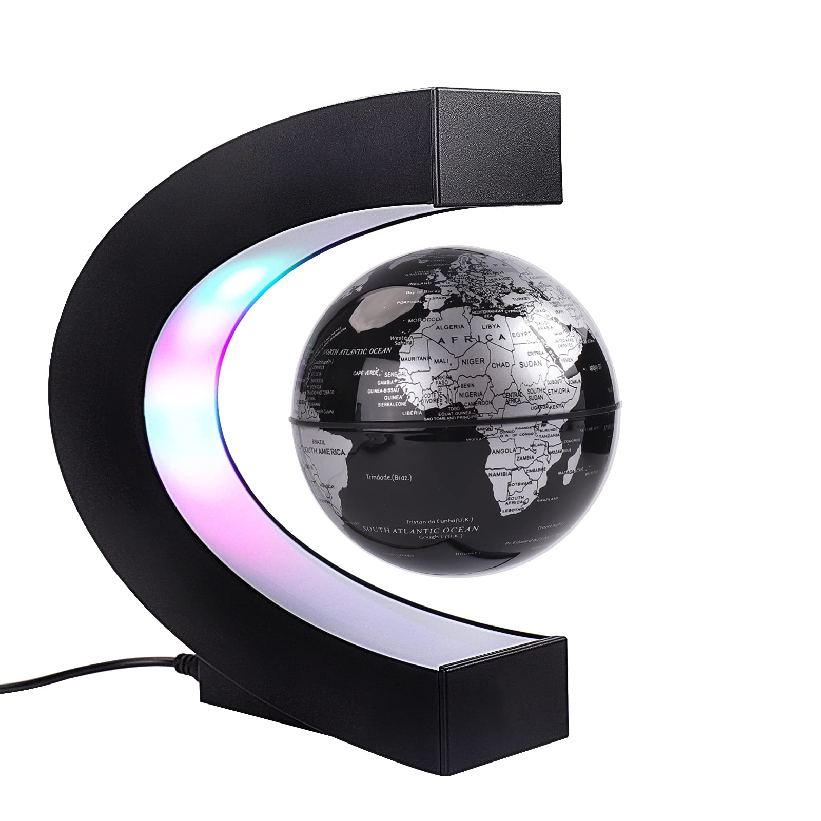 Floating Globe with Colored LED Lights C Shape Anti Gravity Magnetic Levitation Rotating World Map for Children Gift Home Office Desk Decoration (Black, Without Switch)