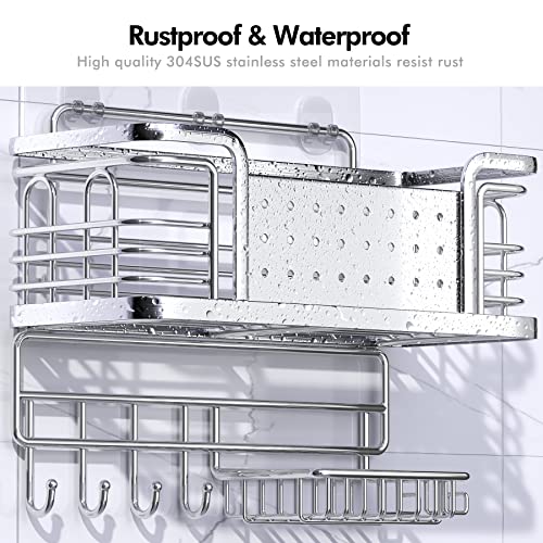 LIVOD Adhesive Shower Caddy with Soap Holder, Stainless Steel Shower Organizer with Hook, Wall Mount Rustproof Shower Shelf for Inside Shower, Polished SS