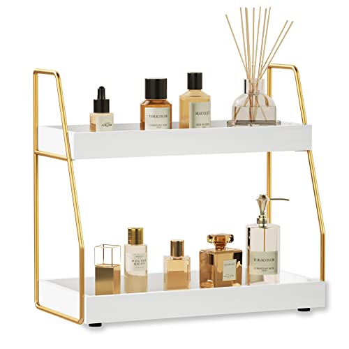 BONSSO Bathroom Organizer Countertop, Counter Organizer and Storage Shelf, Vanity Tray for Bathroom Decor Skincare Organizers, Wood Bathroom Sink Organizer, Counter Shelf(White-Gold)