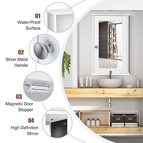 RELAX4LIFE Wall Mounted Bathroom Cabinet, 2-in-1 Mirror Medicine Cabinet w/ 3 Heights Adjustable Shelf & Single Mirror Door Storage Cabinet Over-The-Toilet Storage Organizer (White)