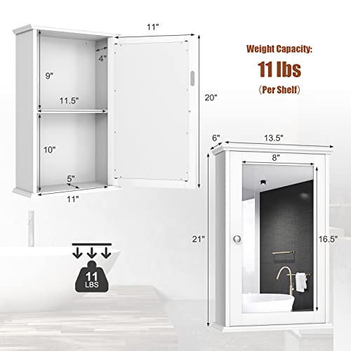 RELAX4LIFE Wall Mounted Bathroom Cabinet, 2-in-1 Mirror Medicine Cabinet w/ 3 Heights Adjustable Shelf & Single Mirror Door Storage Cabinet Over-The-Toilet Storage Organizer (White)