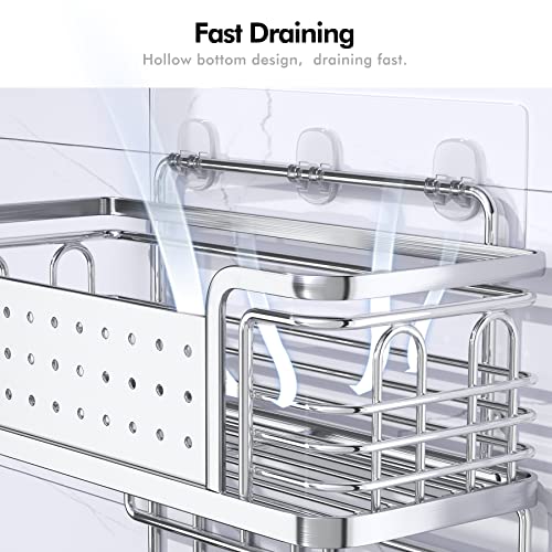 LIVOD Adhesive Shower Caddy with Soap Holder, Stainless Steel Shower Organizer with Hook, Wall Mount Rustproof Shower Shelf for Inside Shower, Polished SS
