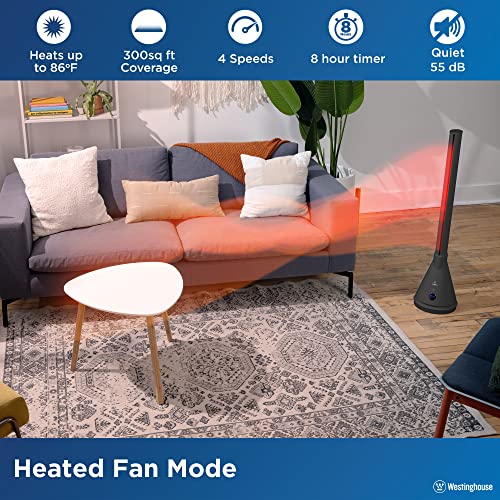 Westinghouse All Season Electric Fan 40 Inches With Heater | Minimalist Heated Bladeless, Oscillating With Remote Control (Black)