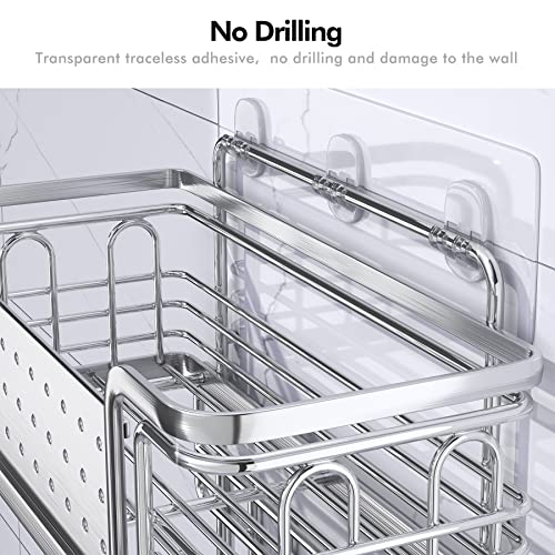 LIVOD Adhesive Shower Caddy with Soap Holder, Stainless Steel Shower Organizer with Hook, Wall Mount Rustproof Shower Shelf for Inside Shower, Polished SS