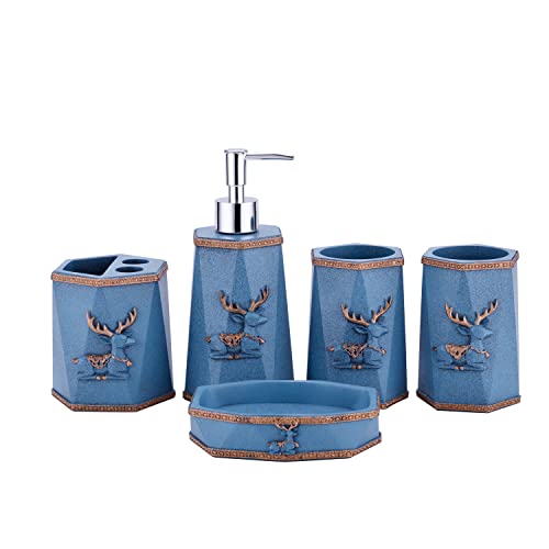 Mekoly Bathroom Accessories Set 5 Pcs,Blue Bathroom Sets Accessories,Reindeer Christmas Decoration Bathroom Vanity Set Counter Bathroom Soap Dispenser Set with Soap Dispenser,Toothbrush Holder,Tumbler