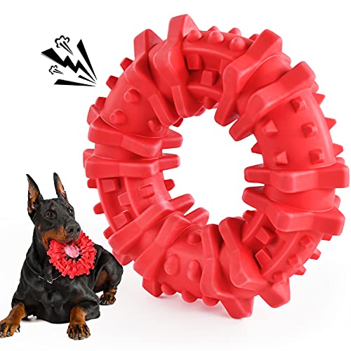 Dog Balls Treat Dispensing Dog Toys for Aggressive Chewers Large Breed, Nearly Indestructible Squeaky Dog Chew Toys for Large Dogs, Natural Rubber Dog Puzzle Toys (RING-Red, For Larege Dogs)