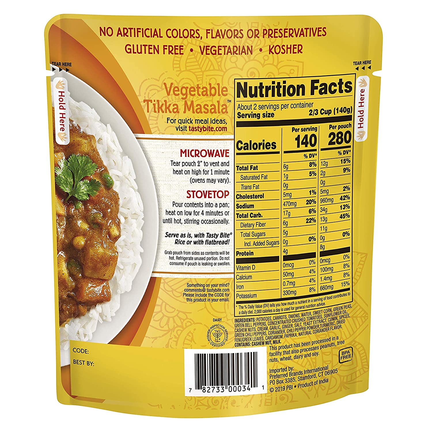 Tasty Bite Indian Vegetable Tikka Masala, Microwaveable Ready to Eat Entree, 10 Ounce (Pack of 6)