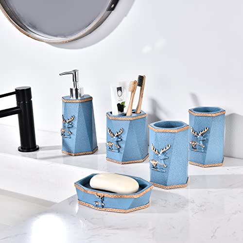 Mekoly Bathroom Accessories Set 5 Pcs,Blue Bathroom Sets Accessories,Reindeer Christmas Decoration Bathroom Vanity Set Counter Bathroom Soap Dispenser Set with Soap Dispenser,Toothbrush Holder,Tumbler
