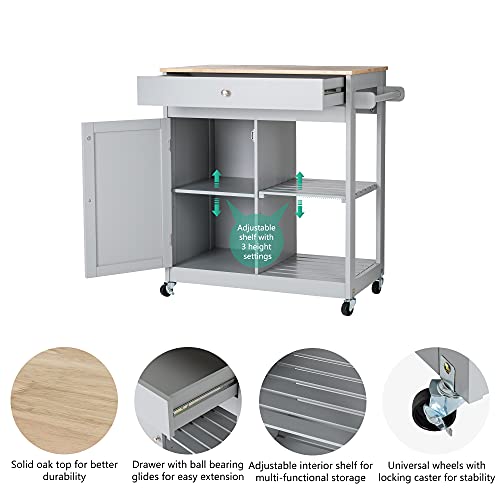 Glitzhome Kitchen Island with Storage Kitchen Cart on Wheels Rolling Kitchen Cart Island Table with Tower Holder Spice Rack Drawer for Dining Room Kitchen, 34.25”H, Gray