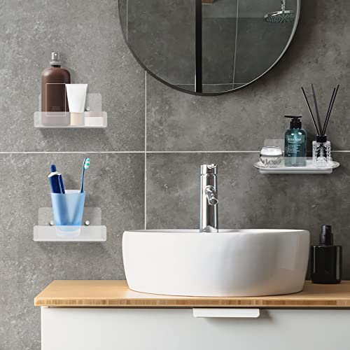 Douildhaiy 3 Pack Acrylic Small Floating Shelf for Wall Storage,4'' Clear Mini Adhesive Shelf for Living Room,Bathroom,Bedroom (Adhesive&Drilling)