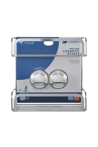 Croydex Stick n Lock Easy to Fit Adhesive Two Tier Cosmetic Basket, 20.6in x 10.2 x 6.4in, Chrome