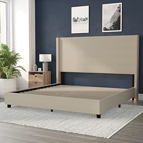 BizChair King Upholstered Platform Bed with Channel Stitched Wingback Headboard, Mattress Foundation with Slatted Supports, No Box Spring Needed, Beige
