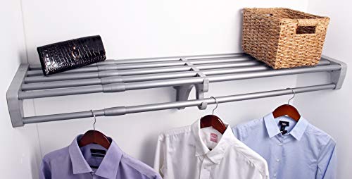 EZ Shelf - Walk in Closet System - 5 Pack - Expandable Closet Shelf with Hanging Rod (Each 40.5β73β) - with 4 End Brackets - Silver - Strong - Easy to Install β Alternative to Wire Closet Shelving