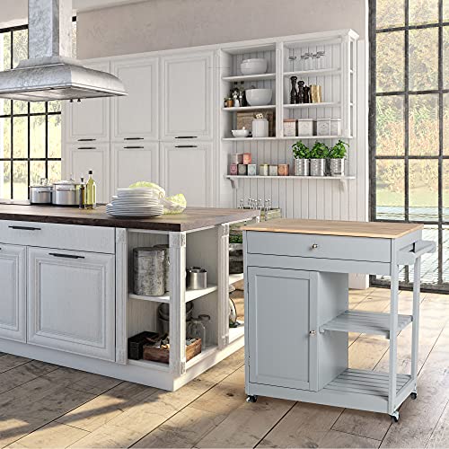 Glitzhome Kitchen Island with Storage Kitchen Cart on Wheels Rolling Kitchen Cart Island Table with Tower Holder Spice Rack Drawer for Dining Room Kitchen, 34.25”H, Gray