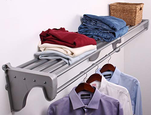 EZ Shelf - Walk in Closet System - 5 Pack - Expandable Closet Shelf with Hanging Rod (Each 40.5β73β) - with 4 End Brackets - Silver - Strong - Easy to Install β Alternative to Wire Closet Shelving