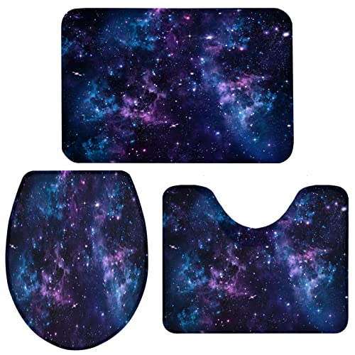 Apular Fashion 3 Piece Bath Rugs Set Galaxy Star Nebula Space Starry Sky Printed Non Slip Ultra Soft Bathroom Mats, U Shape Mat and Toilet Lid Cover Mat Bath Mats