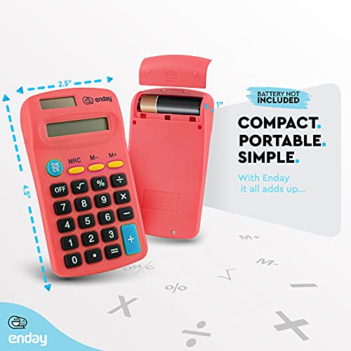 Calculator Red, Basic Small Solar and Battery Operated, Large Display Four Function, Auto Powered Handheld Calculator School and Kids Available in Green, Blue, Purple, Grey, Pink, 1 PK – by Enday
