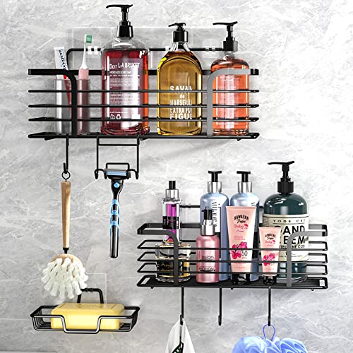 Shower Caddy Basket Shower Racks for Inside Shower Shelf with Soap Dishes and 5 Hooks, 304 Stainless Steel No Drilling Traceless Adhesive Bathroom Storage Organizer, 2 Pack, Black