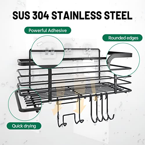 Shower Caddy Basket Shower Racks for Inside Shower Shelf with Soap Dishes and 5 Hooks, 304 Stainless Steel No Drilling Traceless Adhesive Bathroom Storage Organizer, 2 Pack, Black