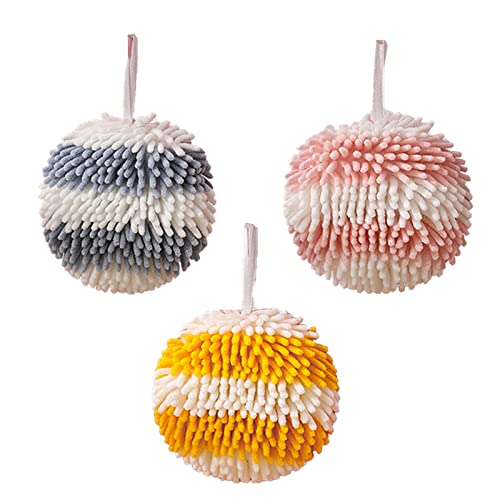 Chenille Quick Dry Hand Towel, 3 Pack Absorbent Bath Hand Puff Towel Balls Hand Fuzzy Towels Kitchen Hanging Bathroom Towels with Loops for Bathroom, Your Kids Hands Fast Drying,Blue ,Pink and Yellow