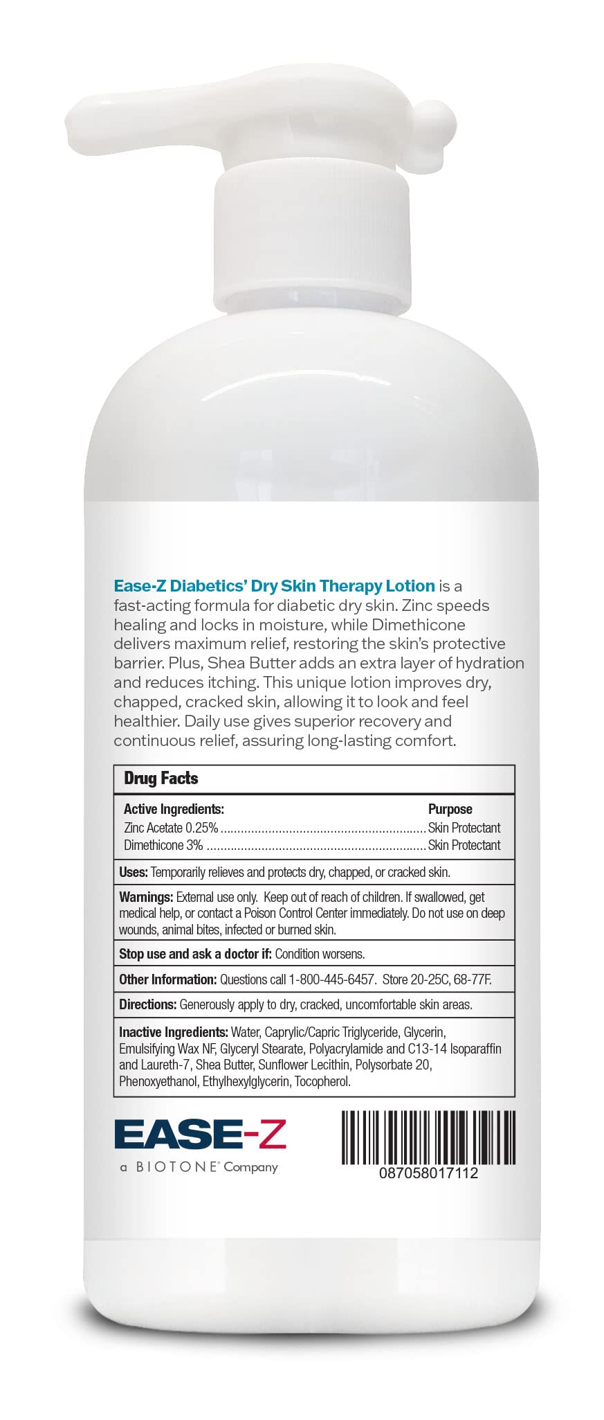 EASE-Z Diabetic Lotion for Dry Skin. Clinically Proven ingredients and ZINC relieve dryness, reduce redness, and calm itching. With Shea Butter. Fast-Acting, Long-Lasting. 10.9 oz