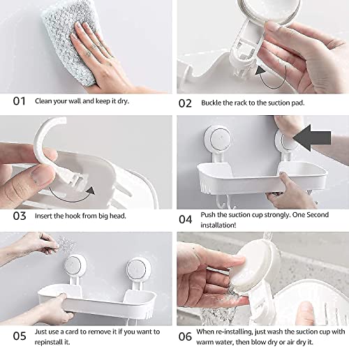 Shower Caddy Suction Cup Shower Shelf Shower Basket with 4 Hooks 1 Second Installation NO-Drilling Removable Powerful Suction Shower Caddy Max Hold 22lbs Caddy Suction Cup Waterproof Organizer - White