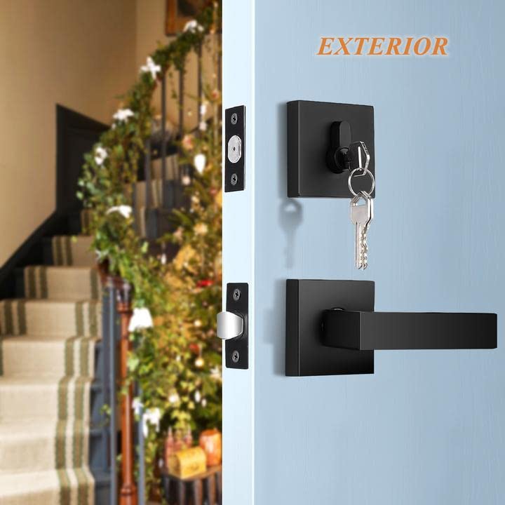 Probrico Flat Black Passage Door Lever with Single Cylinder Deadbolts Combo Pack, Modern Square Lock Set Handleset,Exterior Door Handle and Deadbolts Set,Exterior Door Lever Passage 2 Pack