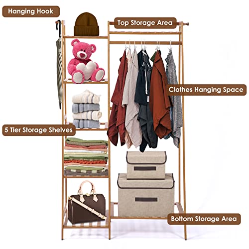 Bamboo Garment Rack with Shelves, Storage Box Set Included, Clothing Racks with Hooks, Clothes Rack Storage Organizer, Clothes Rack with Shelf, Space Saving Clothes Rack, Multifunctional Plant Rack