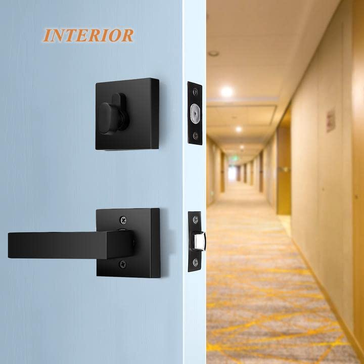 Probrico Flat Black Passage Door Lever with Single Cylinder Deadbolts Combo Pack, Modern Square Lock Set Handleset,Exterior Door Handle and Deadbolts Set,Exterior Door Lever Passage 2 Pack