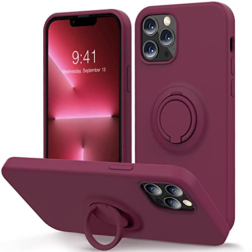 MOCCA Compatible with iPhone 13 Pro Max Case 6.7inch with Ring Kickstand | Liquid Silicone |Microfiber Linner|Anti-Scratch Full-Body Shockproof Protective Case for iPhone 13 Pro Max Women Girl-WineRed